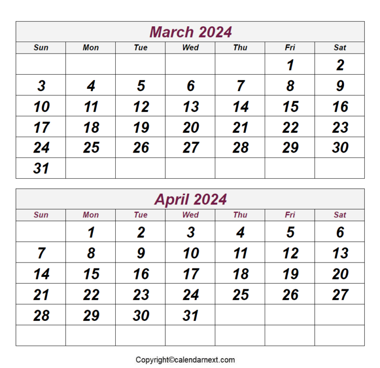 Printable Blank March & April 2024 Calendar With Holidays