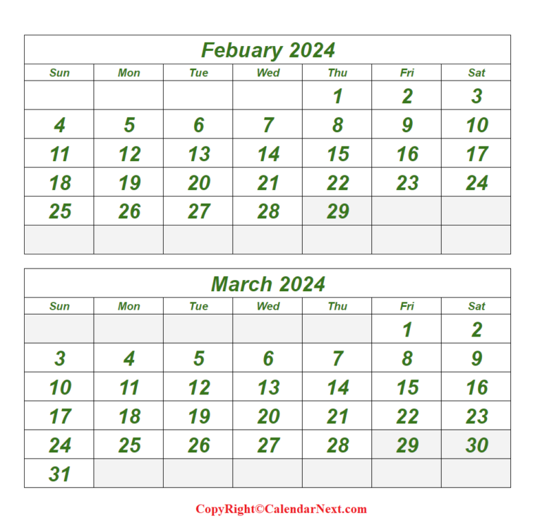 Printable February & March 2024 Calendar With Holidays & Note
