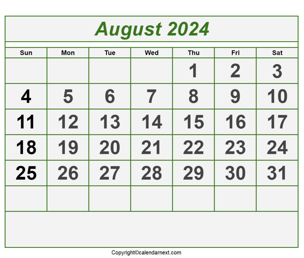 Blank August 2024 Calendar Printable With Holidays & Notes