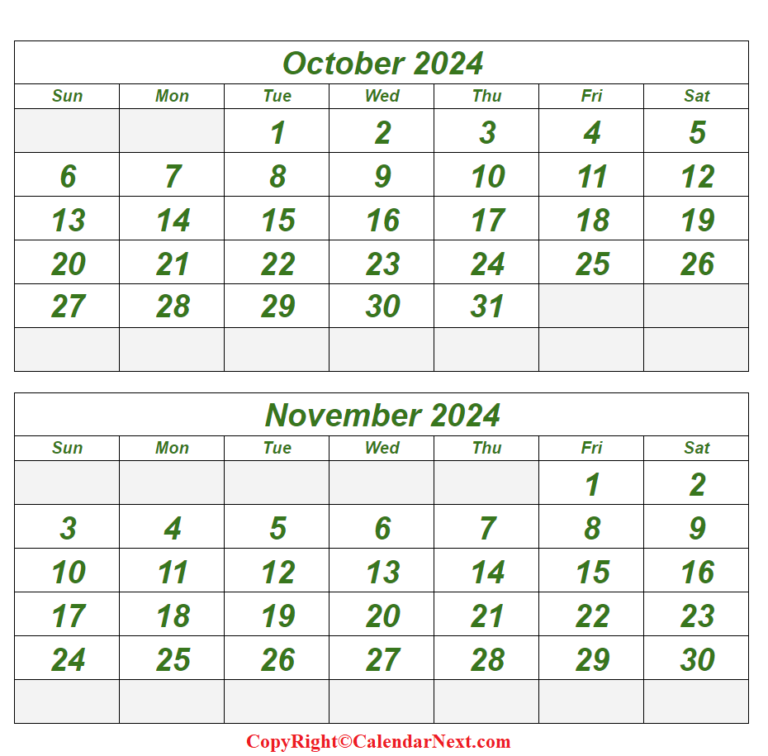 Printable Free October & November 2024 Calendar Templates