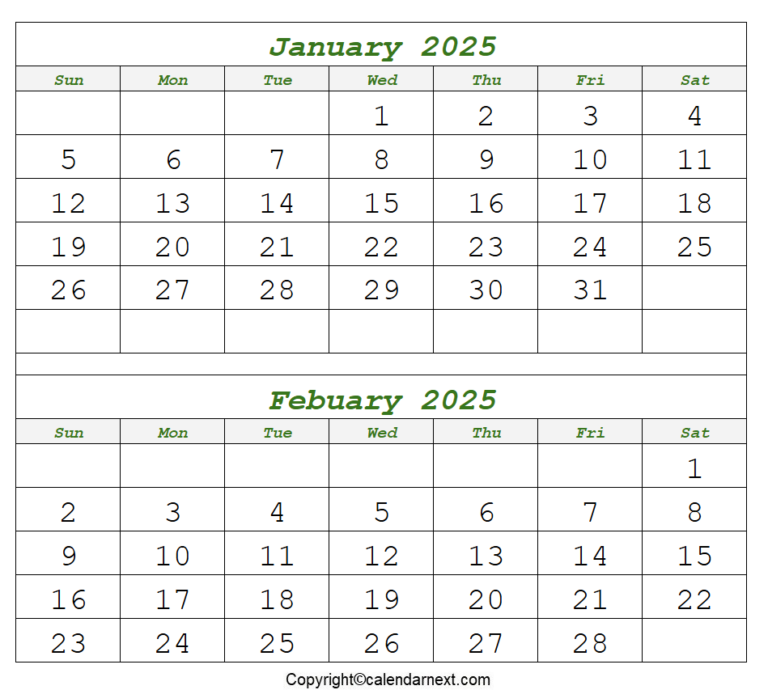 Printable Blank January & February 2025 Calendar in PDF