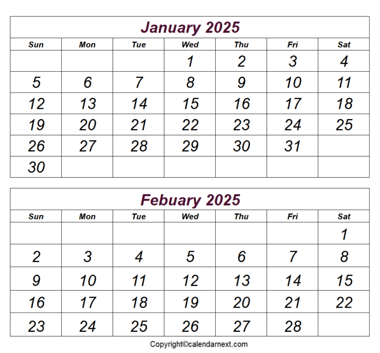 Printable Blank January & February 2025 Calendar in PDF