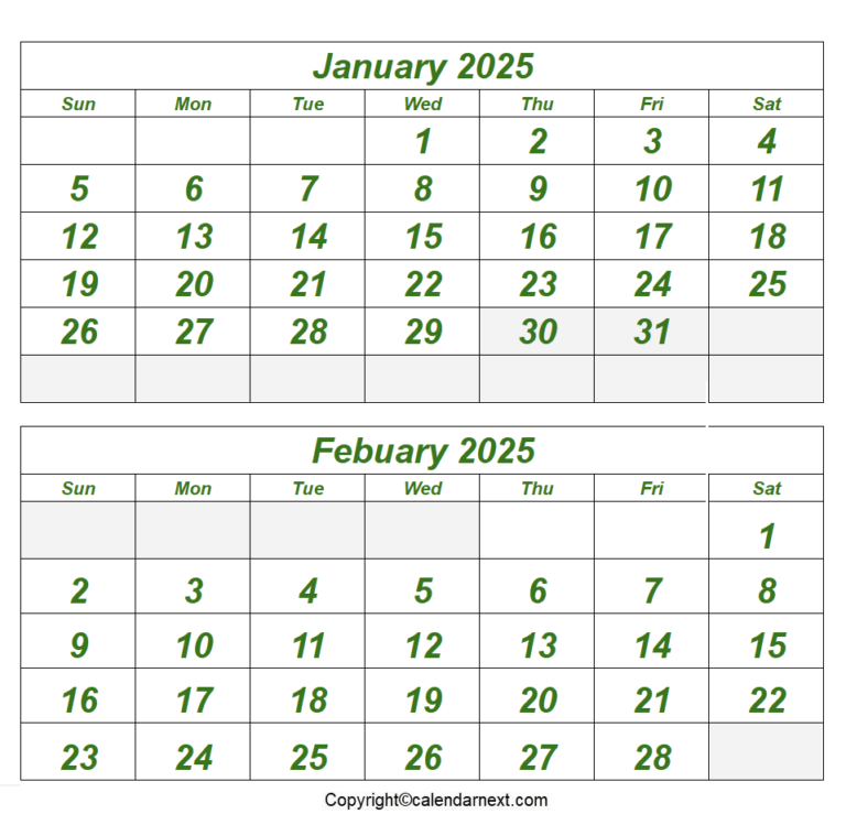 Printable Blank January & February 2025 Calendar in PDF