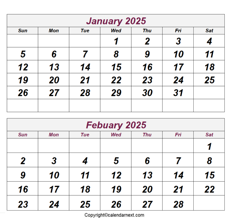 Printable January February 2025 Calendar | Calendar Next
