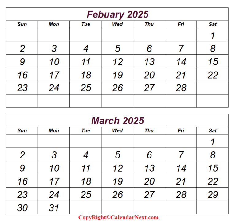 Printable February & March 2025 Calendar With Holidays & Note
