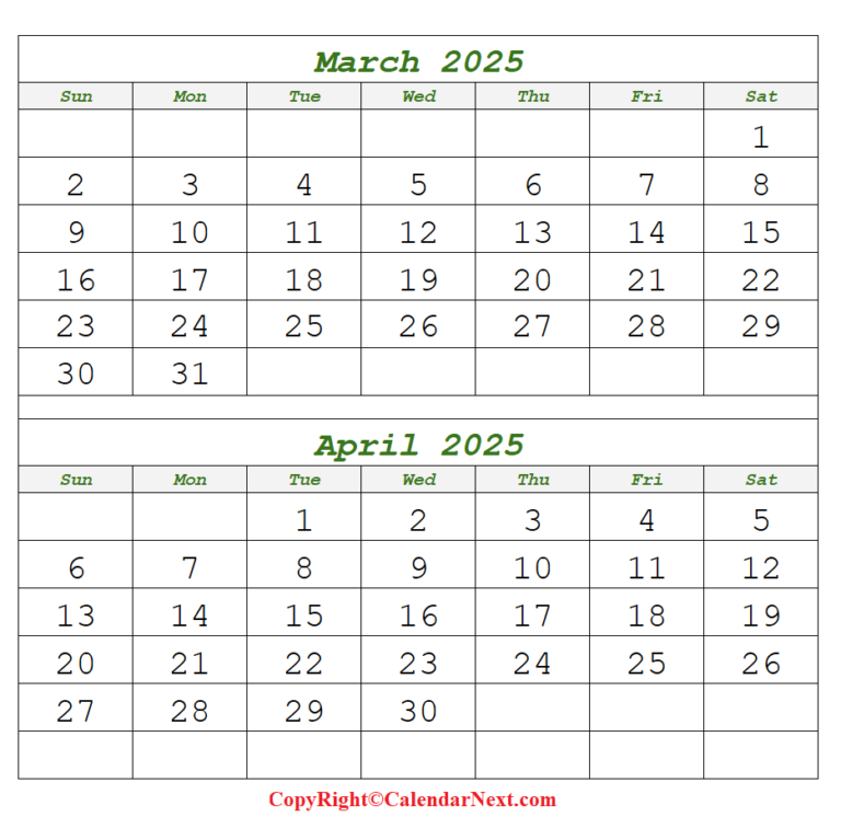Printable Blank March & April 2025 Calendar With Holidays