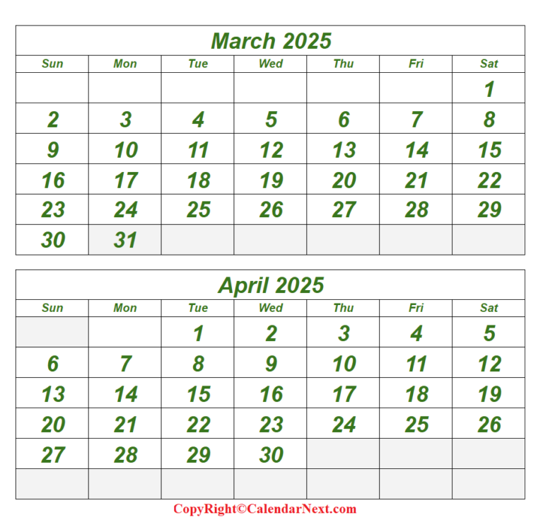 Printable Blank March & April 2025 Calendar With Holidays