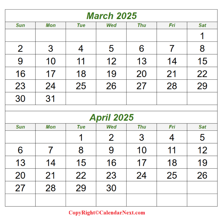 Printable Blank March & April 2025 Calendar With Holidays