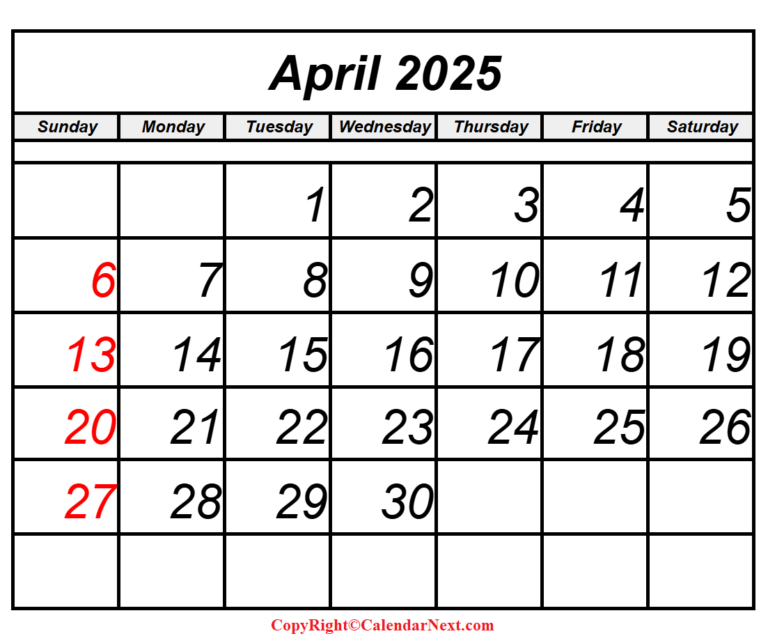 Printable April 2025 Calendar Template With Holidays & Notes