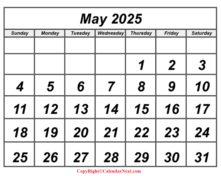 Printable May 2025 Calendar Template With Holidays & Notes