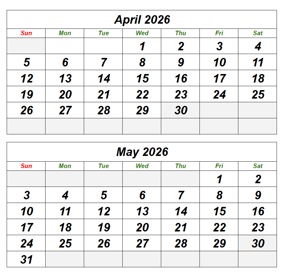 April & May 2026 Printable Calendar | Calendar Next