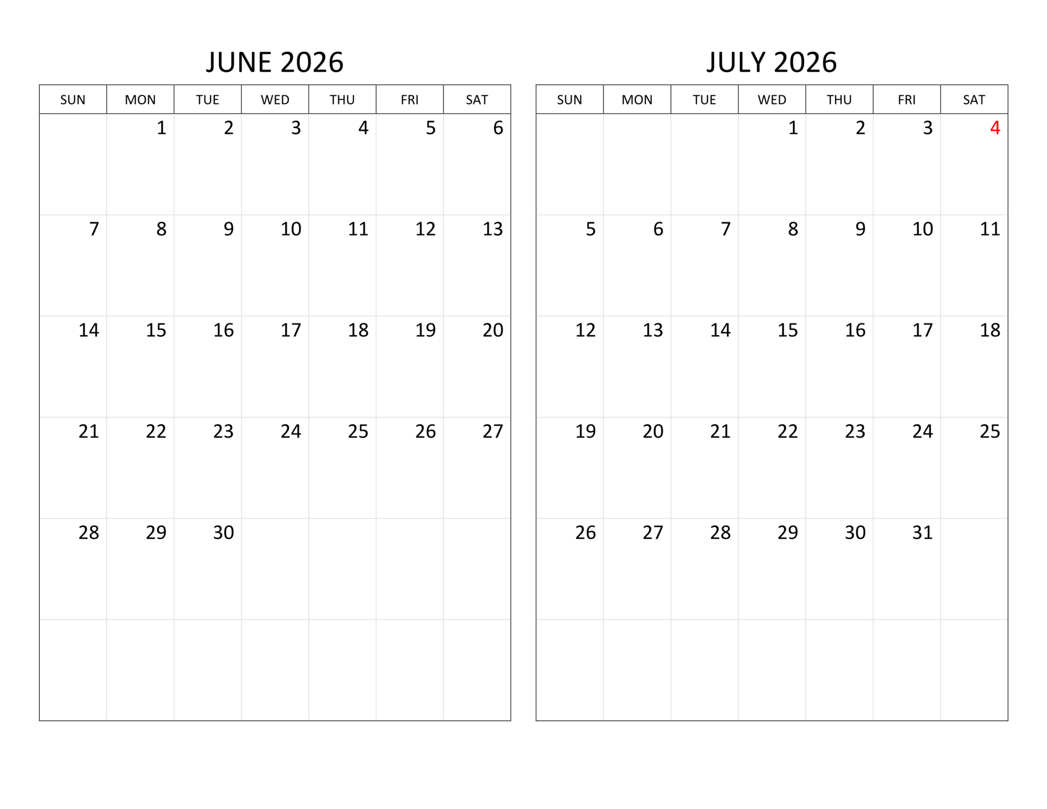 June & July 2026 Printable Calendar | Calendar Next