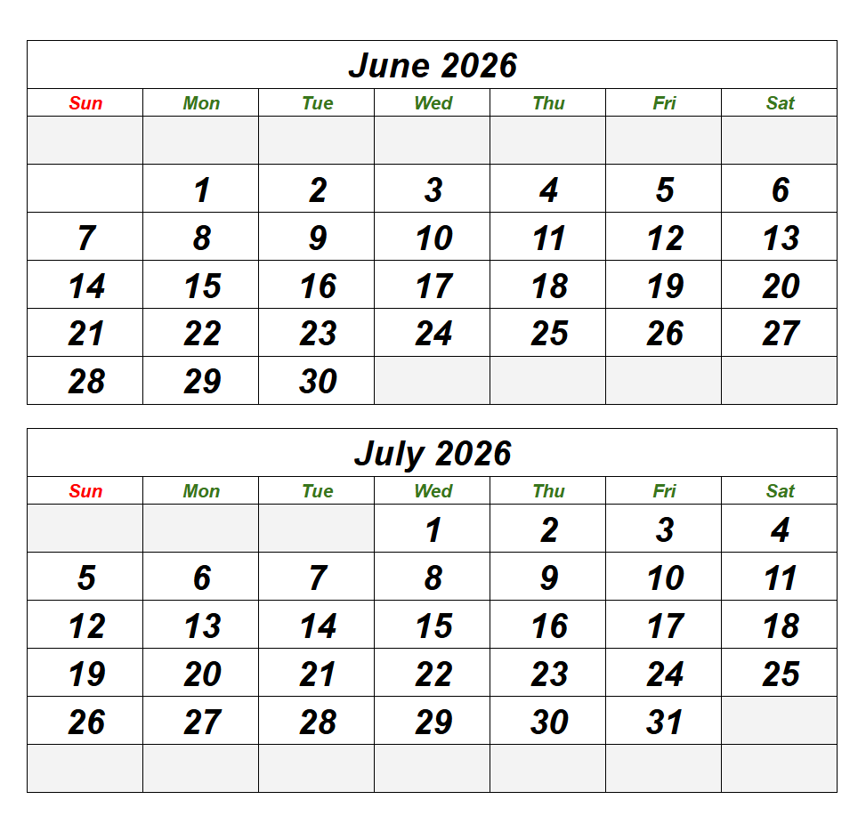 June & July 2026 Printable Calendar | Calendar Next