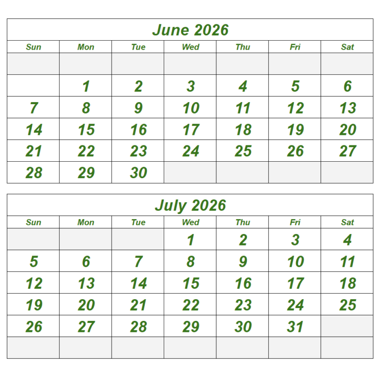 Printable June and July 2026 Calendar With Holidays & Notes