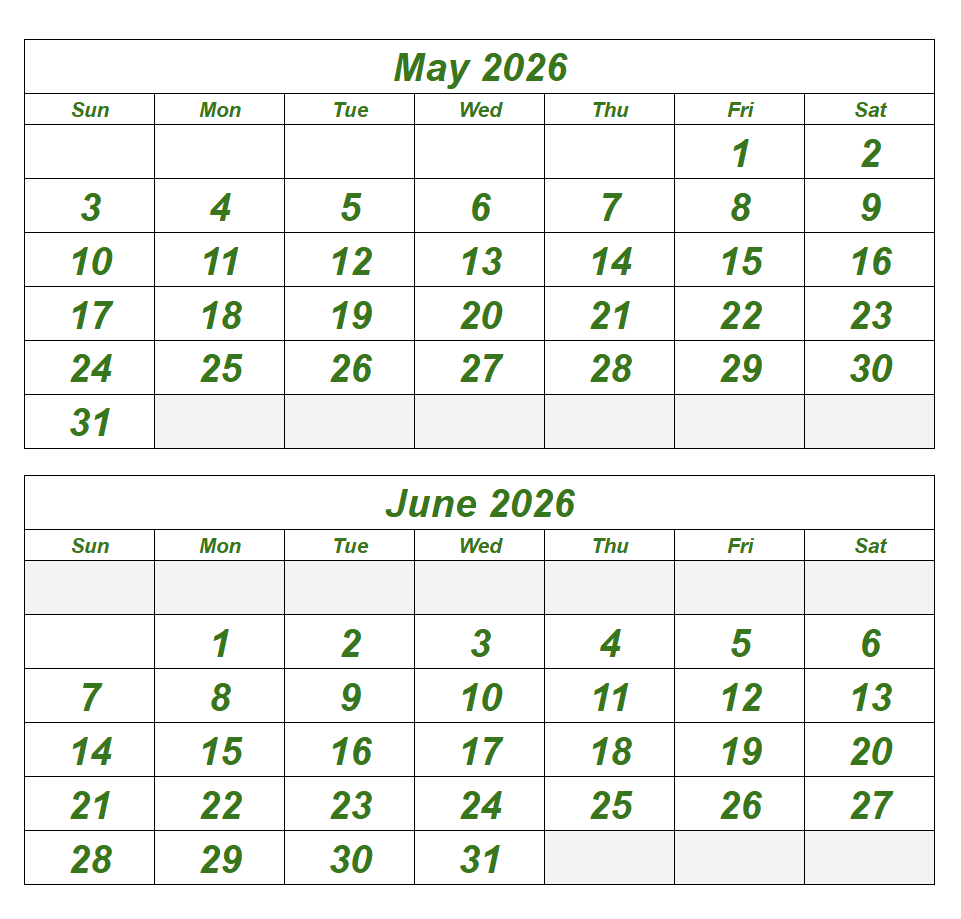 May & June 2026 Printable Calendar | Calendar Next