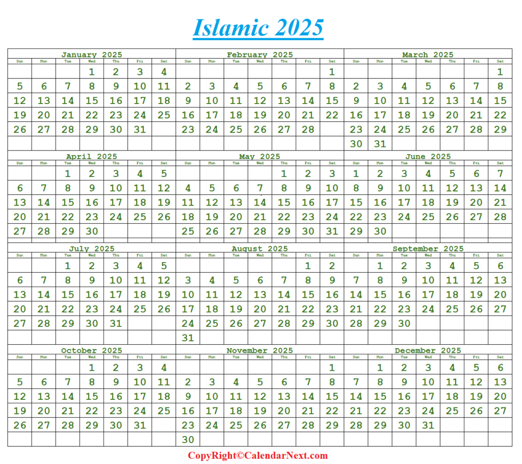 Free Printable Hijri Islamic 2025-26 Calendar (1446-47)
