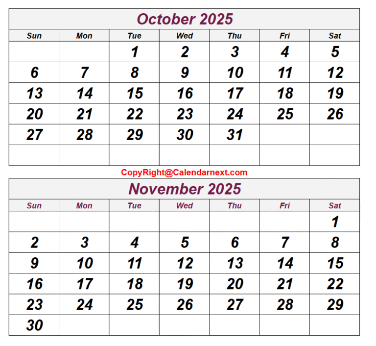 Printable Free October & November 2025 Calendar Templates