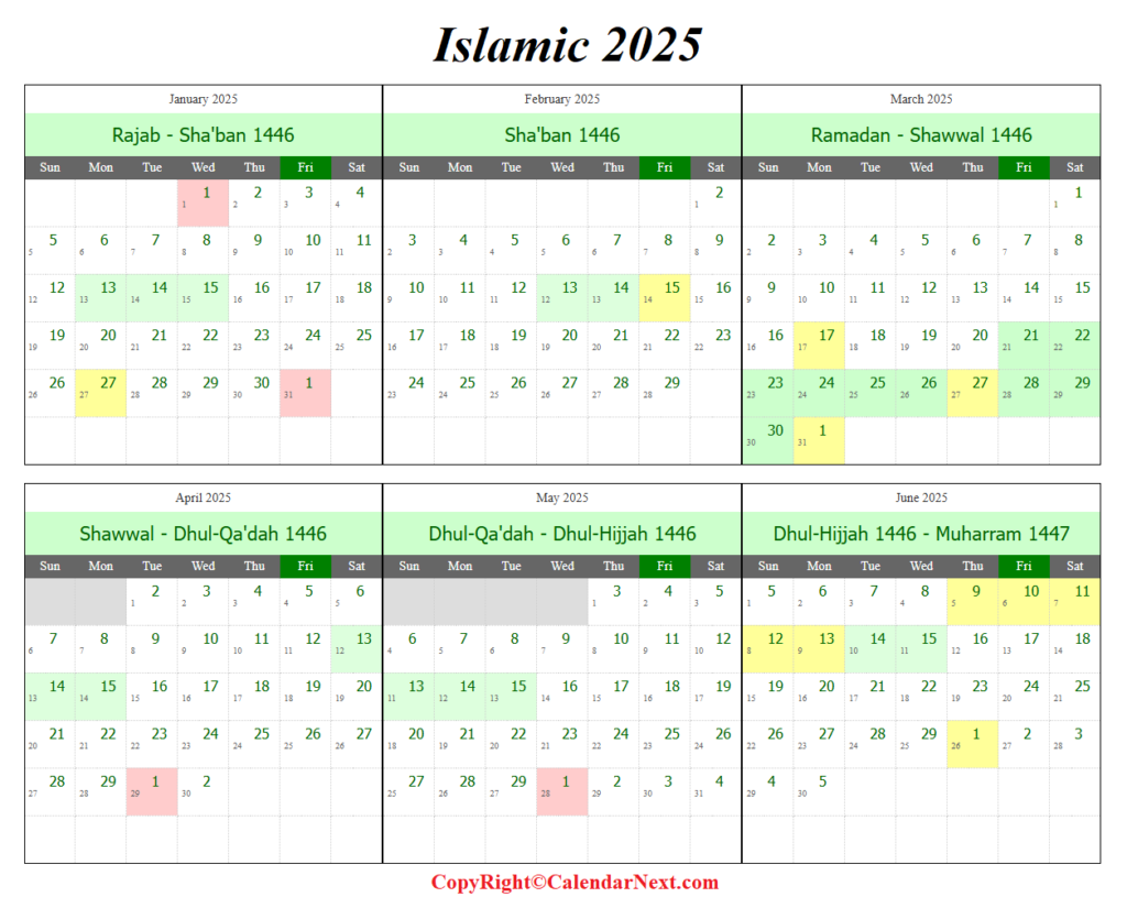Free Printable Hijri Islamic 2025-26 Calendar (1446-47)