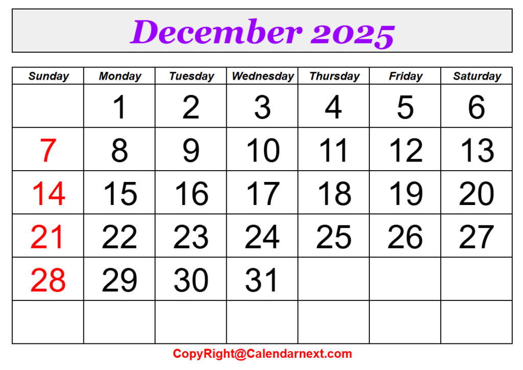 Printable December 2025 Calendar With Holidays & PDF