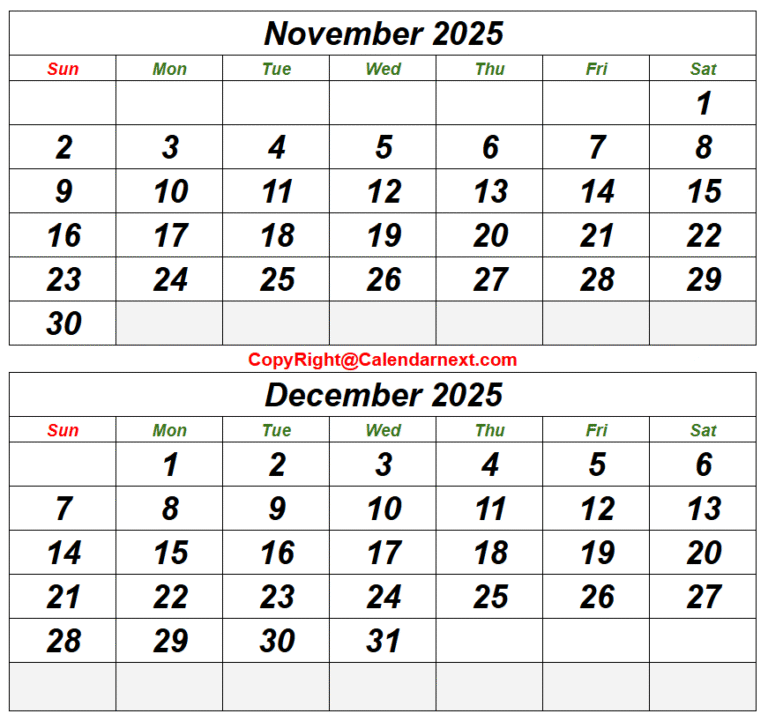 Printable Blank November & December 2025 Calendar in PDF