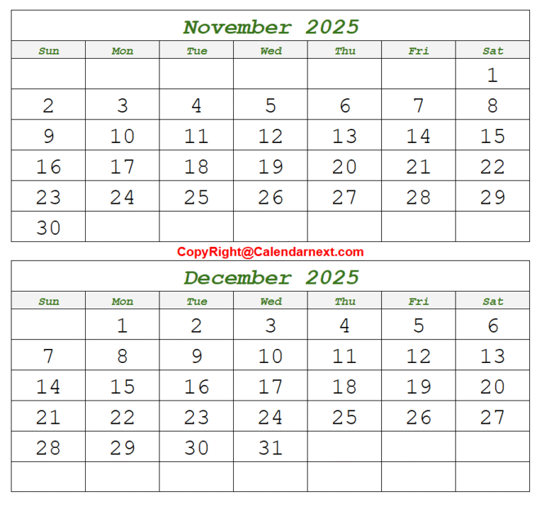 Printable Blank November & December 2025 Calendar in PDF