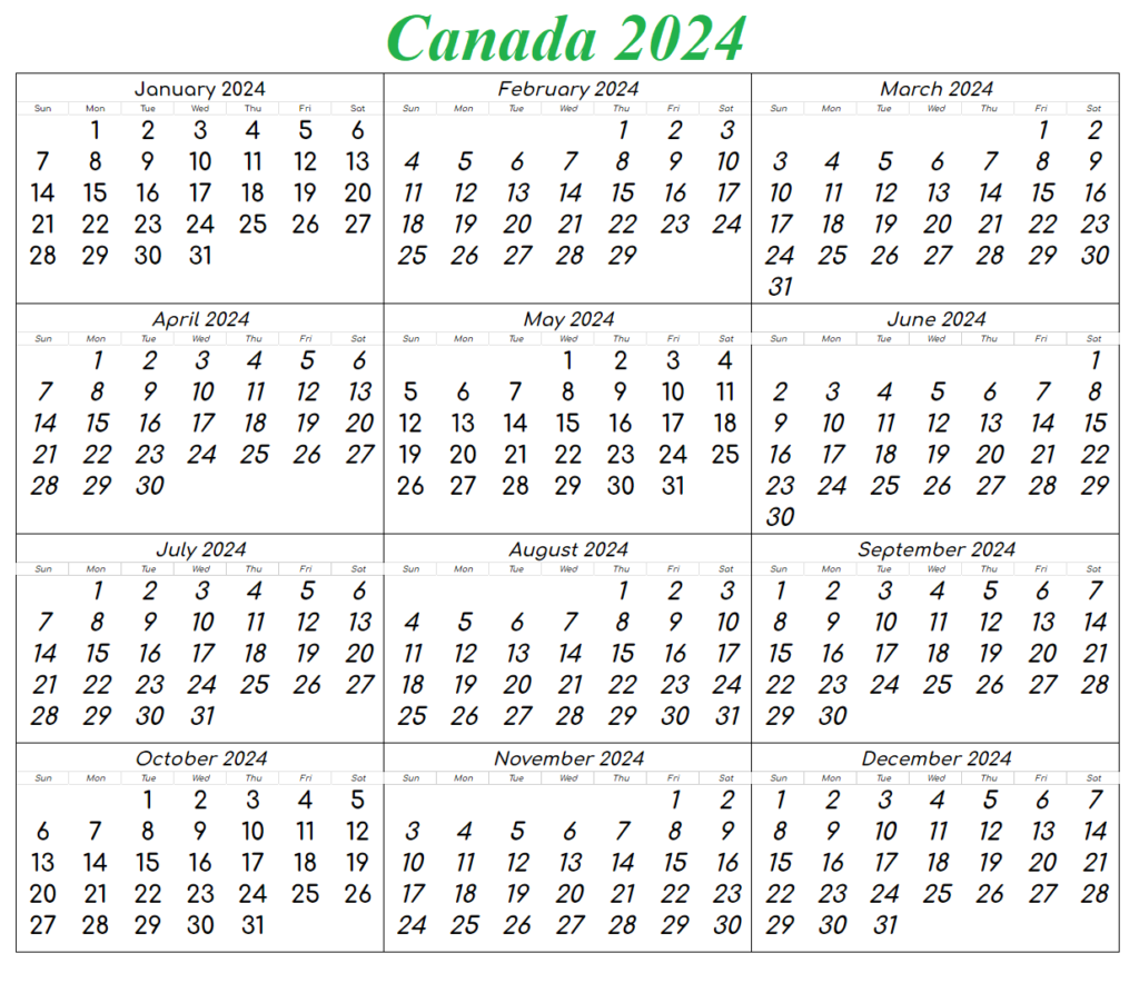 Download Free Yearly Canada 2024 Printable Calendar