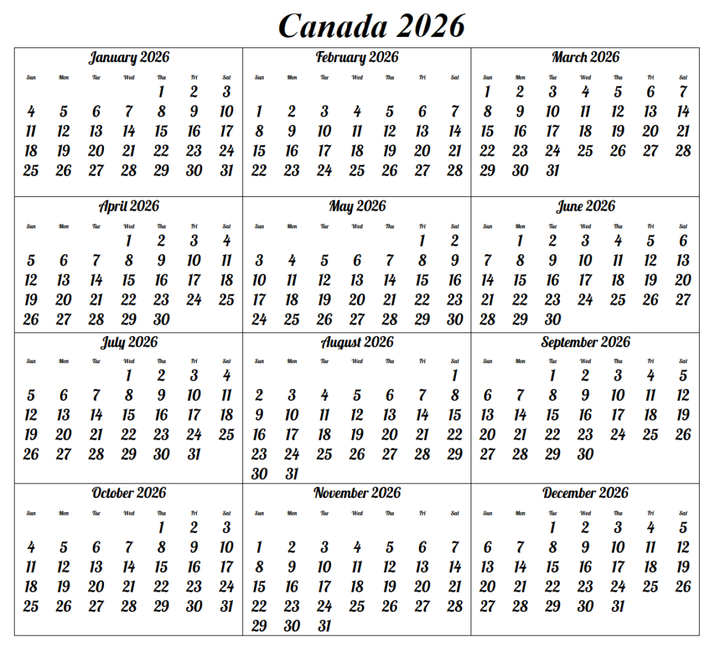 Canada 2026 Calendar with Holidays | Calendar Next