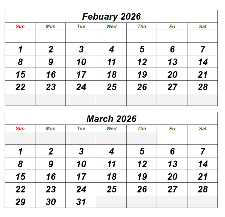Printable February & March 2026 Calendar With Holidays & Note