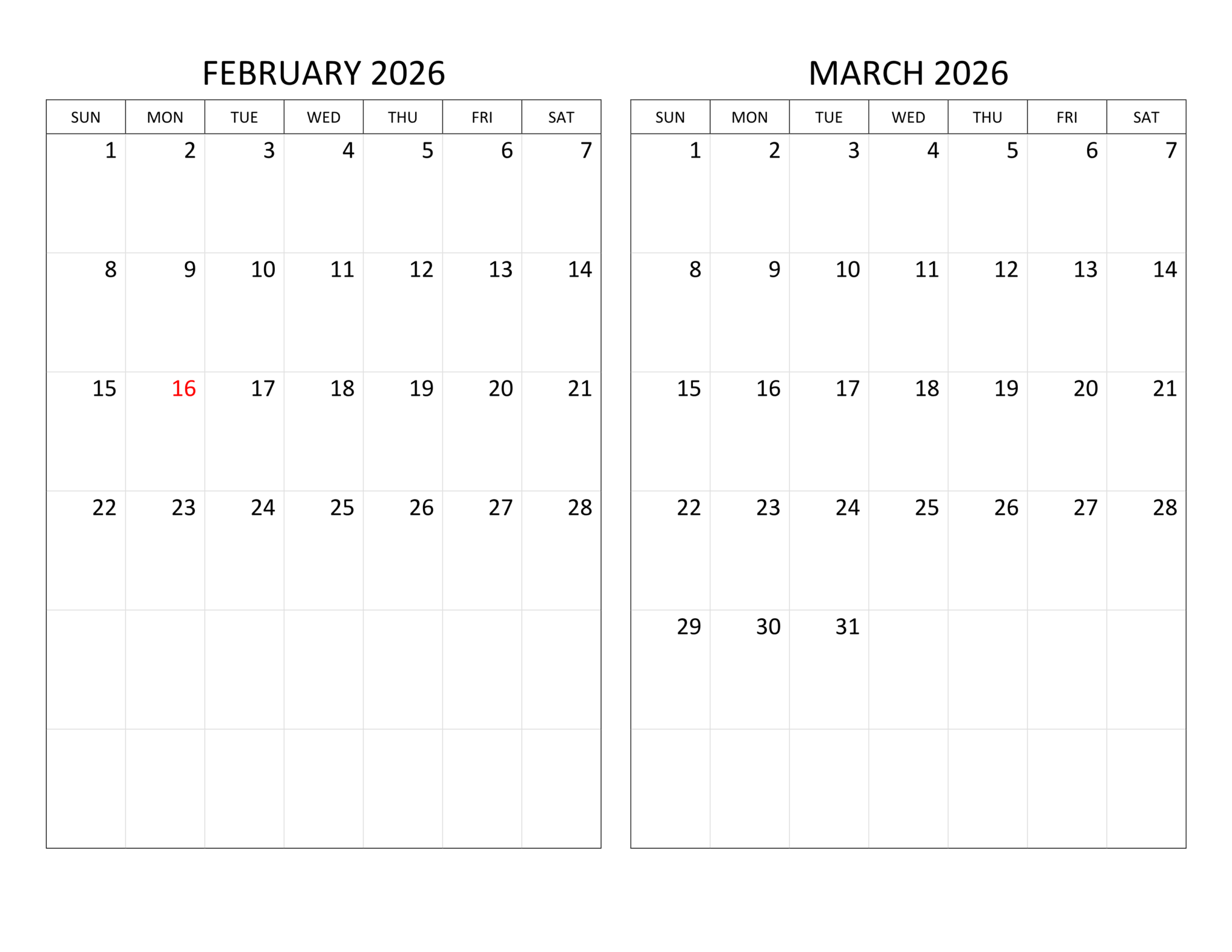 Printable February & March 2026 Calendar With Holidays & Note