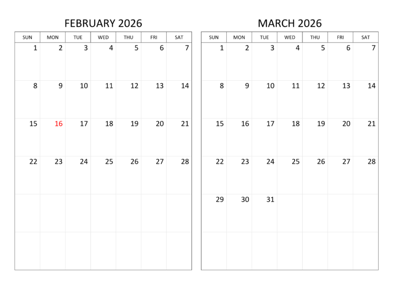 Printable February & March 2026 Calendar With Holidays & Note