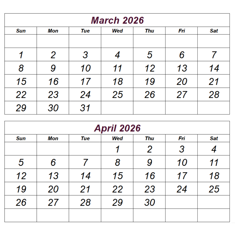 Printable March April 2026 Calendar | Calendar Next