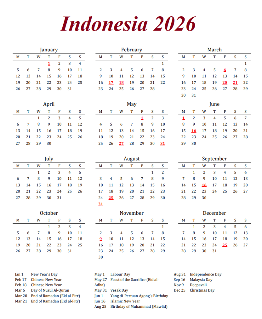 Indonesia Calendar 2026 | Calendar Next