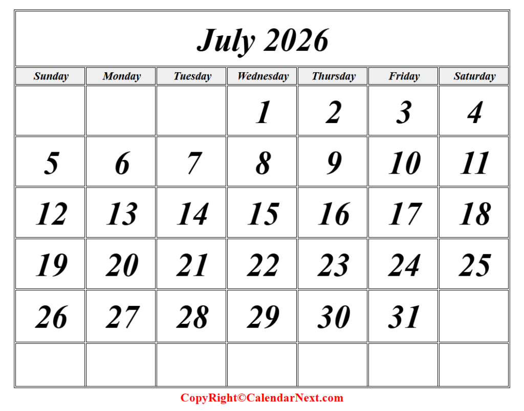 July 2026 Calendar Printable | Calendar Next