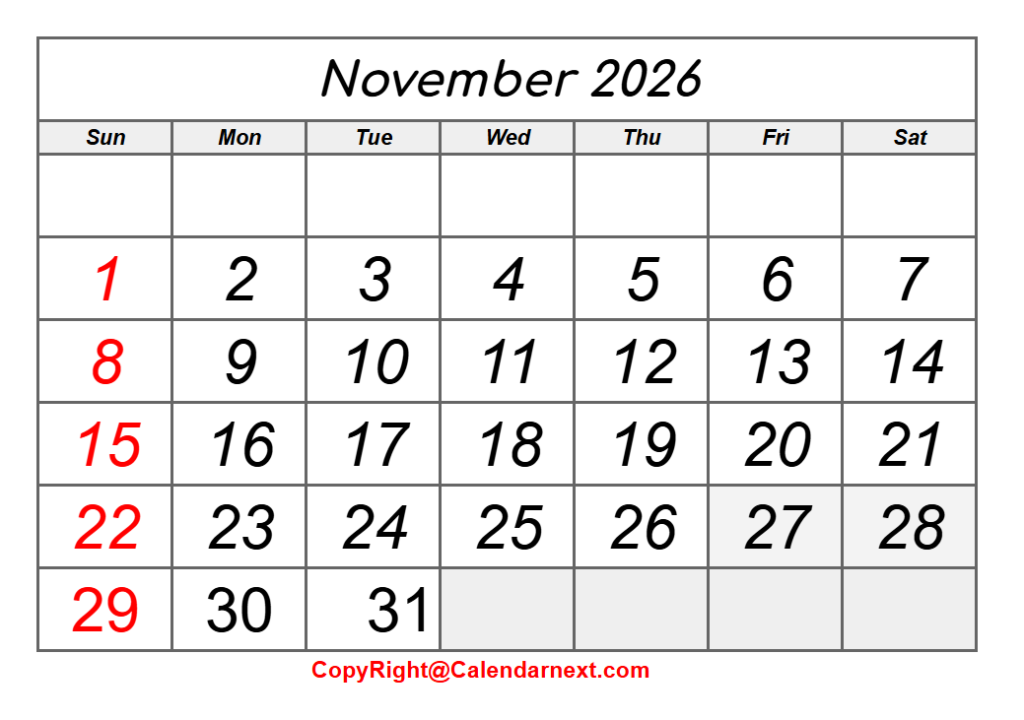 Free 2026 November Calendar | Calendar Next